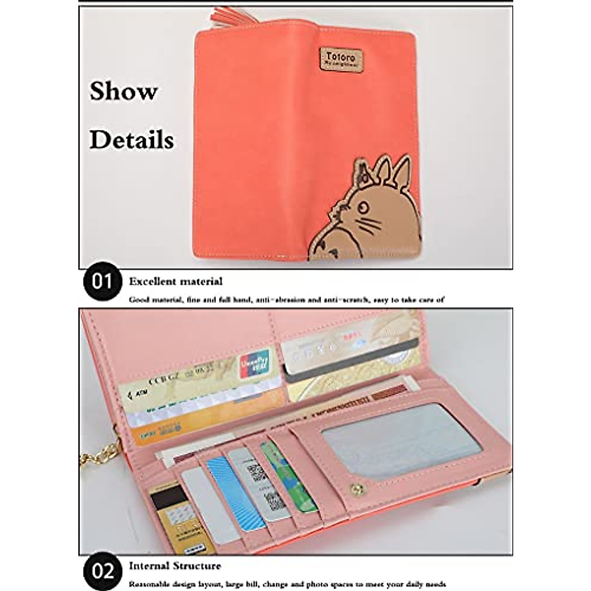 SQX Totoro Wallets Women Wallets Cartoon Card Holder Coin Purse Zipper and Hasp Clutch Long Wallet (Color : Black), 19x9x3cm