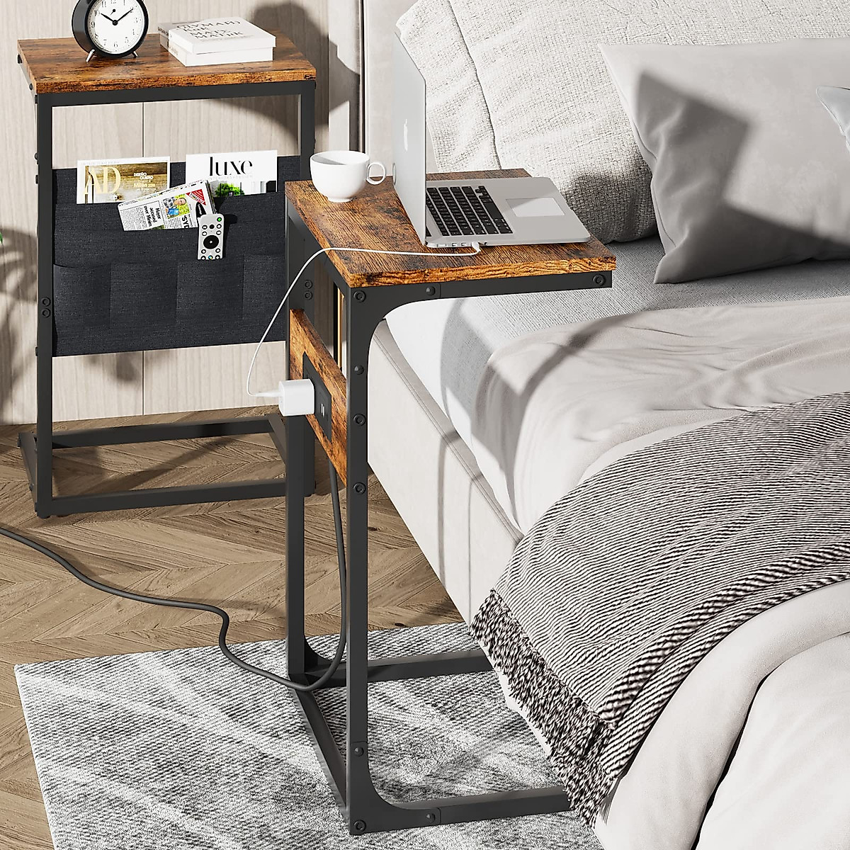 C Table End Table with Charging Station, Side Table with USB Ports and Outlets for Small Spaces, Nightstand with Metal Frame for Living Room, Bedroom, Office, Rustic Brown and Black HCT002