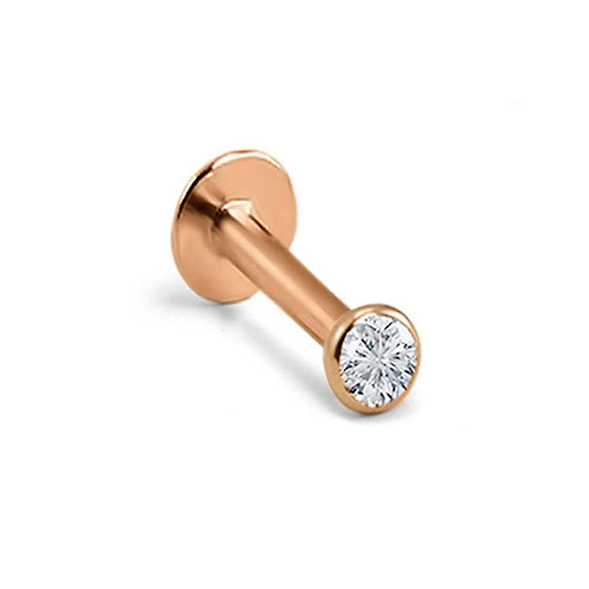 14k Rose Gold Threadless Push Pin Labret Nose Ring Stud 3/16" 5mm Post 3mm Bezel CZ 18G