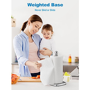SMARTAKE Paper Towel Holder for Countertop, Standing Kitchen Roll Holder with Suction Cups, Non-Slip Paper Towel Stand, Stainless Steel, Weighted Base, for Kitchen Bathroom, Square Base (Silver)