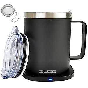 ZUGG Coffee Mug Warmer with Self-Warming Insulated Drink Cup, Home and Office Desk Accessory with Qi Heater, Double Wall Stainless Steel, Premium 2 Pc. Gift Set (Black)