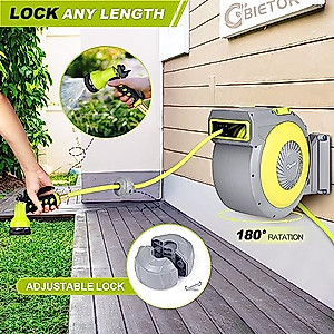 Bietor Retractable Garden Hose Reel 1/2 Inch x 130 ft + 6 ft, Wall Mounted Water Hose Reel, with 9 Pattern Hose Nozzle, Slow Return System, Any Length Lock, 180°Swivel Bracket