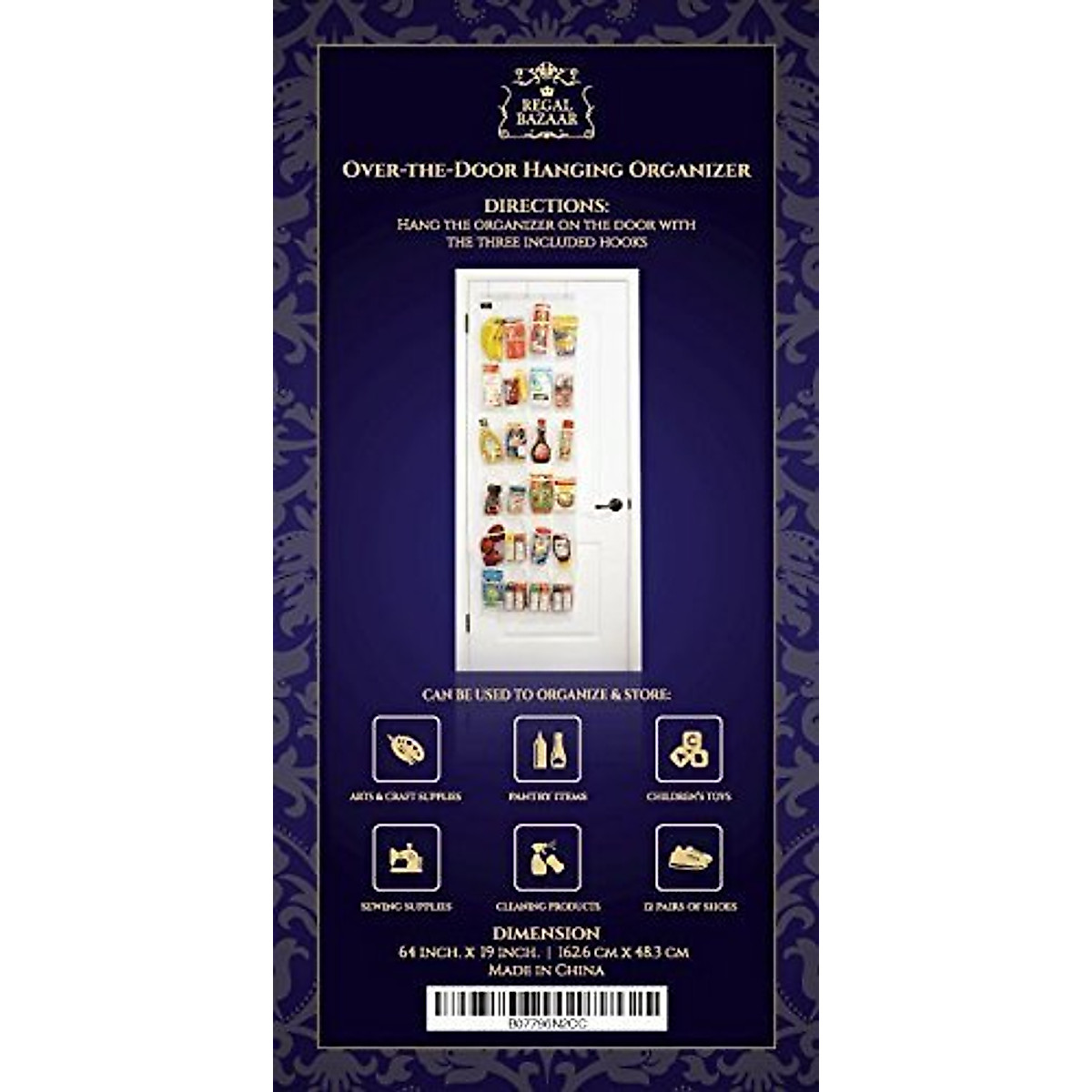 Regal Bazaar Over-The-Door Hanging White Pantry Organizer and Kitchen Storage Unit with 24 Crystal-Clear Vinyl Pockets and 3 Metal Hooks