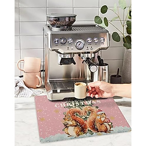Coffee Mat for Counter, Merry Christmas Squirrel with Xmas Trees Pink Absorbent Hide Stain Coffee Bar Mat, Non-slip Coffee Bar Accessories Kitchen Drying Mat Fit Under Coffee Maker Espresso Machine