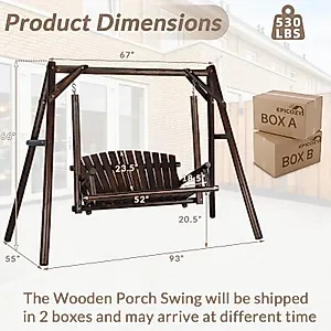 EPICOZY 2-Seat Porch Swing, Wooden Log Patio Swing Chair Bench with Stand, Rustic Hardwood Swing Chair with Curved Back, Wood Seating Porch Swings for Outside Yard, Garden, Deck, Poolside, Carbonized