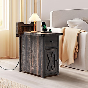 YITAHOME End Table with Charging Station, Narrow Side Table with USB Ports and Outlets, Nightstand with Drawer and Storage Cabinet for Living Room, Bedroom, Dark Rustic Oak