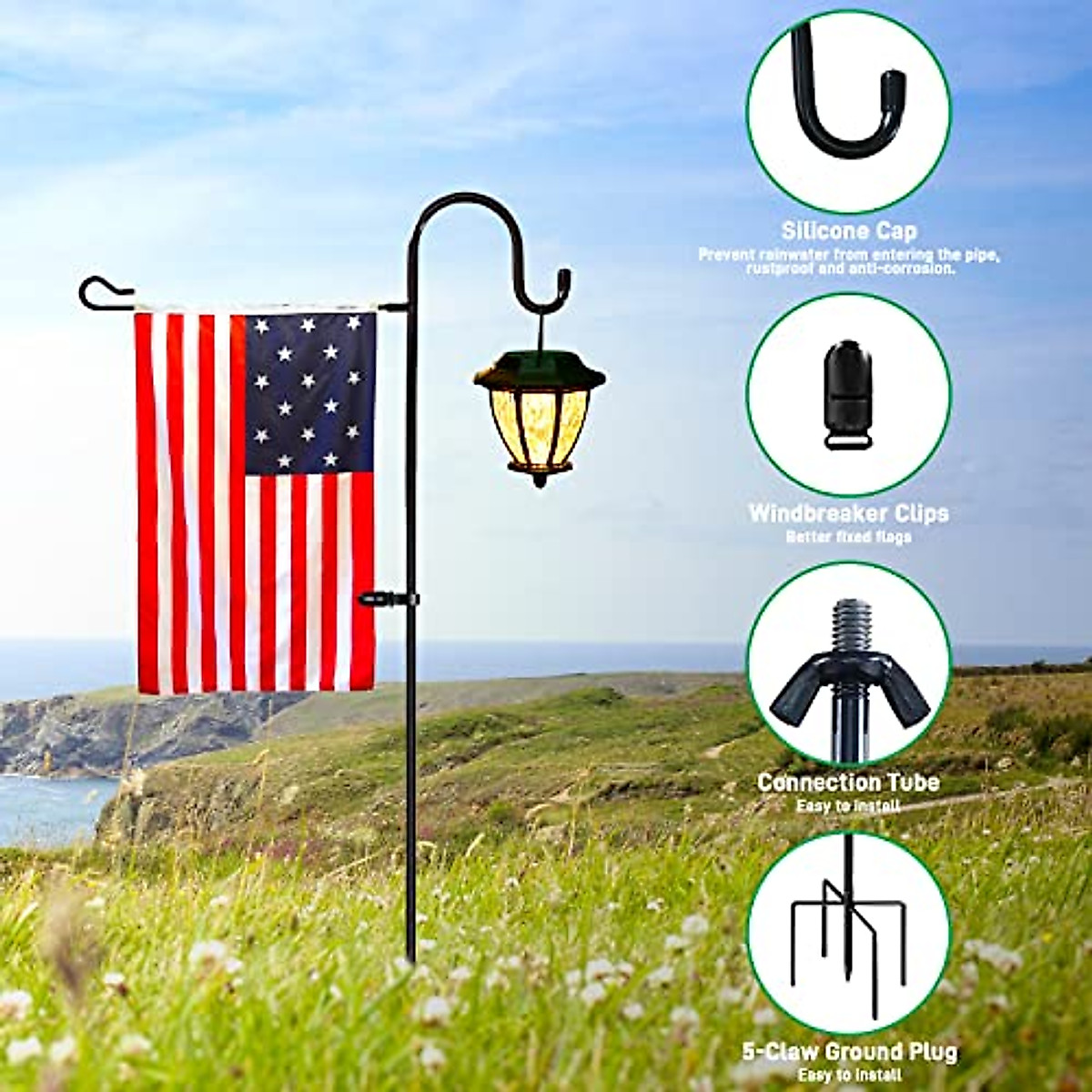 Rexwnadu Shepherd Hook&Garden Flag Holder Stand 48 Iches Bi-Use Sherpherd Hooks Heavy Duty Flag Pole Adjustable Height Yard Flag Stand Garden Decoration Rust Resistant