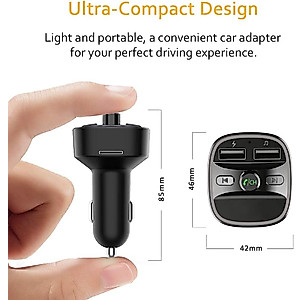 Bluetooth FM Transmitter for Car, Blue Ambient Ring Light Wireless Radio Car Receiver Adapter Kit with Hands-Free Calling, Dual USB Charger 5V/2.4A and 1A, Support SD Card, USB Disk (Black)