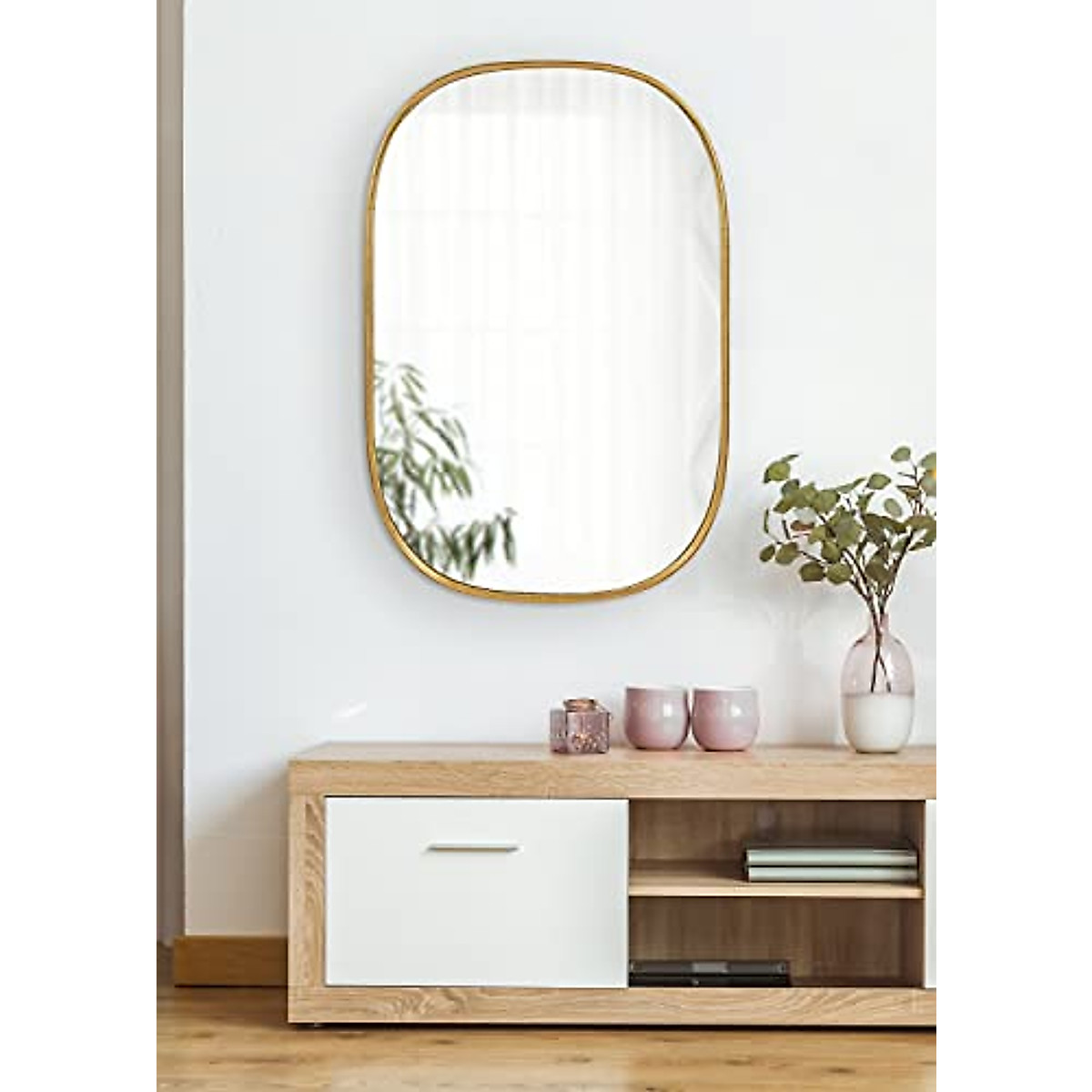 Kate and Laurel Caskill Decorative Mid-Century Modern Rounded Edged Rectangular Frame Wall Mirror in Gold Leaf, 24x35.5 Inches