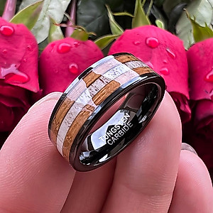 LUXUBANDS 8mm Black Tungsten Rings for Men Women Engagement Wedding Bands Whisky Barrel Wood Deer Antler Inlay Flat Polished Shiny Comfort Fit Size 11
