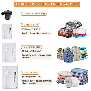 BRIAN & DANY Vacuum Storage Bags with Electric Pump, Vaccum Sealed Space Saver for clothes mattress, 12 Pack (4 Jumbo, 4Large, 4Medium)