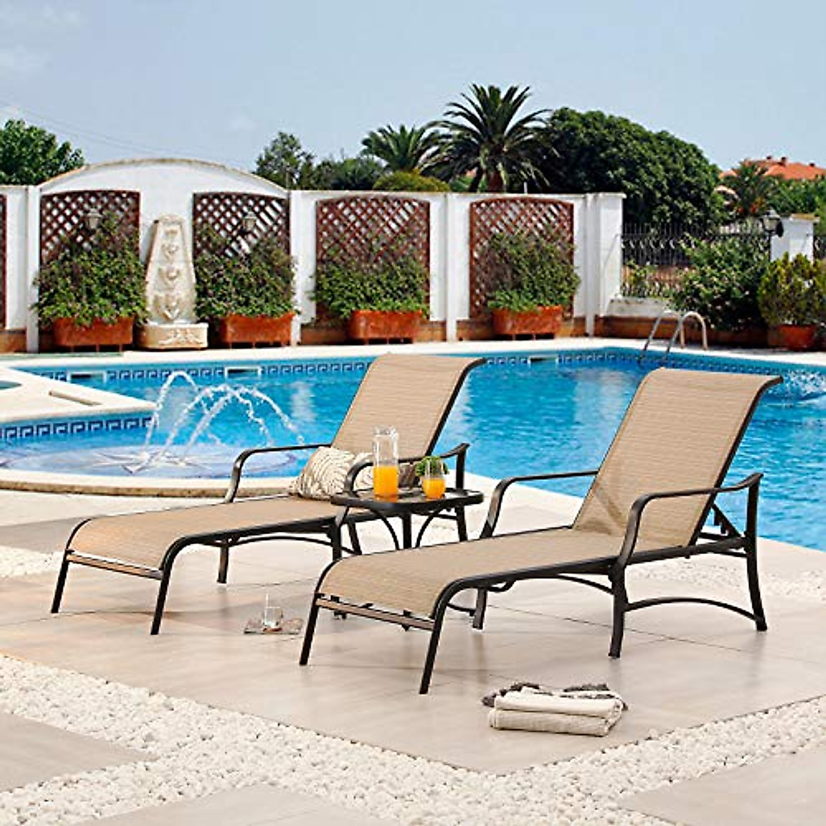 Festival Depot 3 Pc Patio Bistro Outdoor Chaise Lounge Chair Set Textilene Furniture Metal Adjustable Back Curved Armrest with Glass Desktop Coffee Side Table for Porch Yard Garden (Beige)