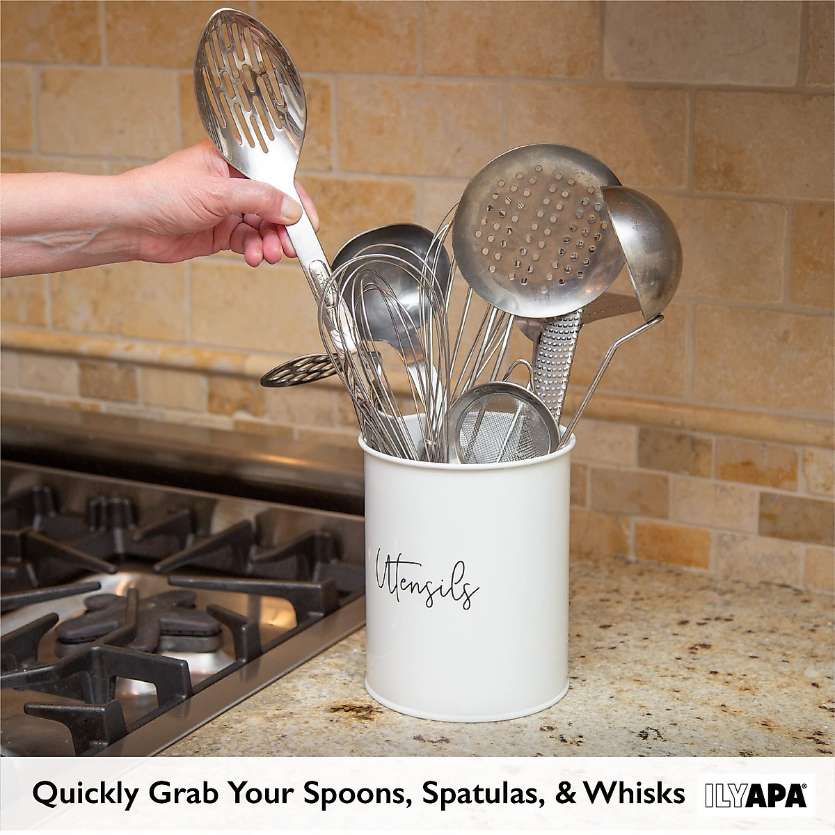 Ilyapa White Utensils Holder, Farmhouse Utensil Holder, Countertop Caddy Cooking Utensil Organizer, Galvanized Crock, White Kitchen Decor for Countertops 5.5" x 6.75"