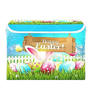 senya Easter Storage Baskets Collapsible Storage Bins with Lids, Happy Easter Eggs Bunny Storage Boxes Clothes Baskets for Organizing