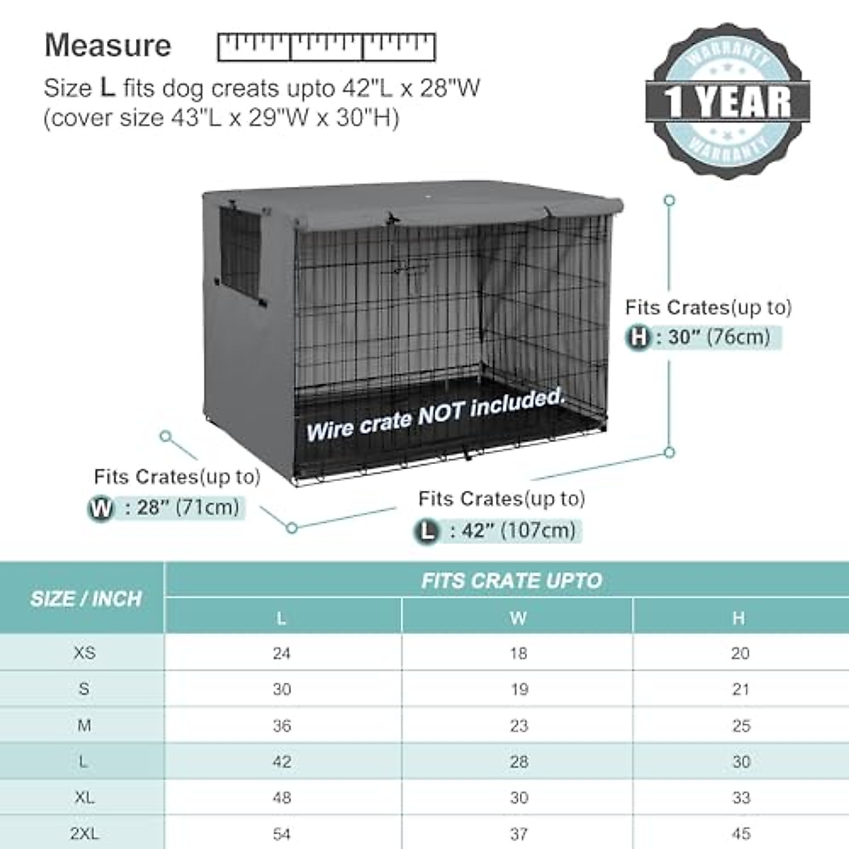 Explore Land 42 inches Dog Crate Cover - Durable Polyester Pet Kennel Cover Universal Fit for Wire Dog Crate (Gray)