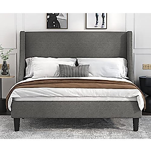 Allewie Full Size Bed Frame, Platform Bed Frame with Upholstered Headboard, Modern Deluxe Wingback, Wood Slat Support, Mattress Foundation, Light Grey