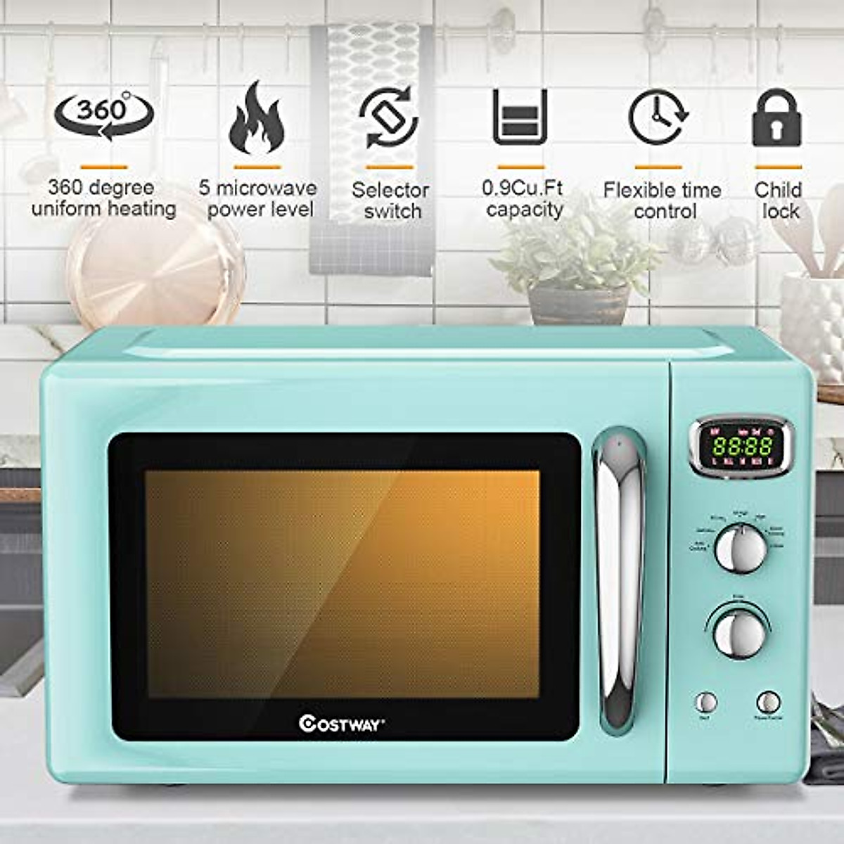 COSTWAY Retro Countertop Microwave Oven, 0.9Cu.ft, 900W Microwave Oven, with 5 Micro Power, Defrost & Auto Cooking Function, LED Display, Glass Turntable and Viewing Window, Child Lock