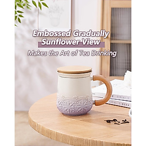 ZENS Tea Mug with Infuser and Lid for Loose Leaf Tea Steeper, 11 oz Embossed Ceramic Tea Cup with Strainers for Tea Steeper, Wood Handle Gradient Tea Cup for Daughter, Collector's Mug Gifts