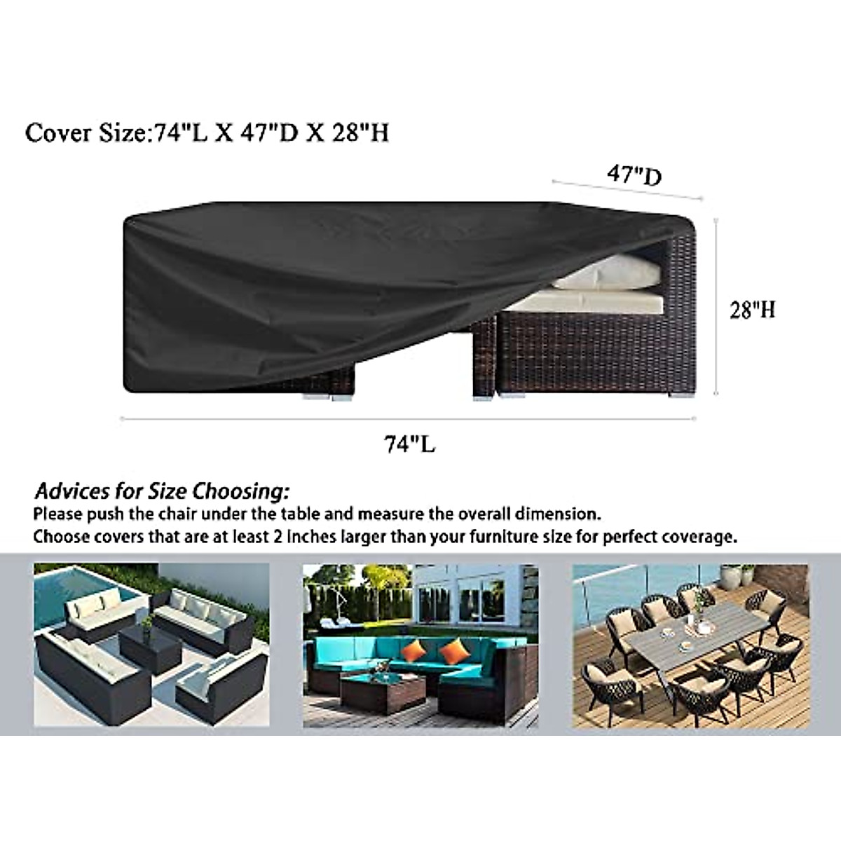 Garden Balsam Patio Furniture Cover Outdoor Table and Chair Set Covers Outdoor Dining Set Cover Outdoor Sectional Sofa Set Covers Water Resistant Rectangle 74"L X 47"D X 28"H Black