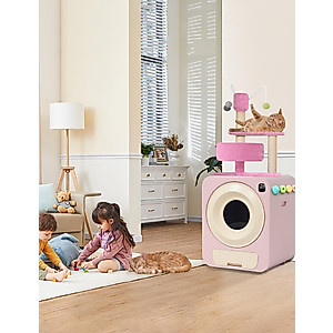 Self Cleaning Cat Litter Box with Cat Tree Scratching Post, Automatic Cat Litter Box for Multiple Cats with APP Control Odor Removal Integrated Safety Protection Smart Robort Pink