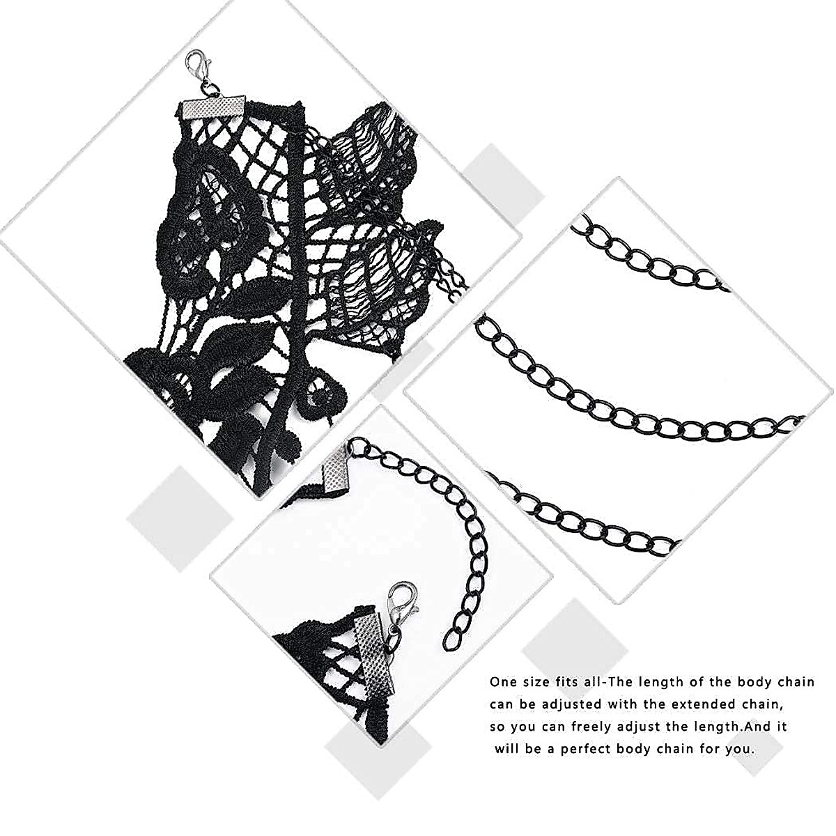 Yovic Gothic Black Body Chain Sexy Lace Shoulder Necklace Chain Layered Rhinestone Bra Chain Rave Prom Costume Party Body Jewelry for Women