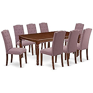 East West Furniture DOCE9-MAH-10 9Pc Dining Set Includes a Rectangle Dinette Table with Butterfly Leaf and Eight Parson Chairs with Dahlia Fabric, Mahogany Finish