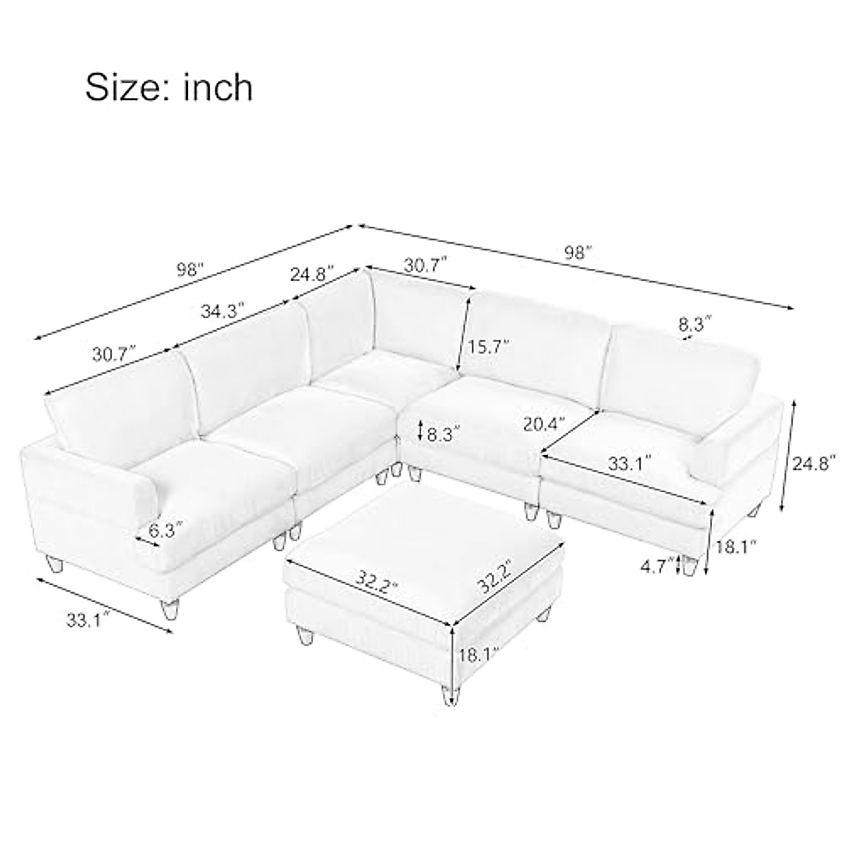 WADRI Modular Sectional Sofa with Ottoman, L-Shaped Corner Sectional, Corduroy Fabric Oversized Sectional Sofa, 5-Seat Couch or Living Room, Office, Free Combination (Beige-A55)