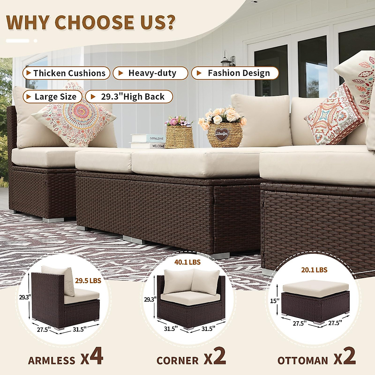 NICESOUL 8 Seat 29.3'' High Back Outdoor Furniture Set, Extra Large Brown PE Rattan Patio Conversation Sets, Deep Seating Modular Sectional with Ottoman, Oversized Conversations for Backyard, Beige