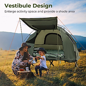 GYMAX Tent Cot, 5-in-1 Folding Camping Cot with Mattress & Pillows, Sleeping Bags, Sunshade, Camping Tent Elevated with Carrying Bag for Outdoor Hiking, Fishing, Picnic (2-Person-Original)