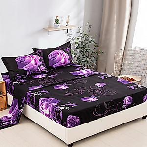 Purple Rose Comfortter Set Queen and Sheet Set for Queen Bed, 3 Piece Fluffy Down Alternative Duvet Set Matching with 4 Piece Bedding Sheet Set. All Season Bedding Set Queen