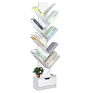 Tree Bookshelf with Wooden Drawer, 10-Tier Open Shelf Narrow Bookcase, Unique Vertical Spine Bookshelf Small Spaces, Book Shelf with Drawers Storage Organizer Shelves for Living Room, Bedroom, Library