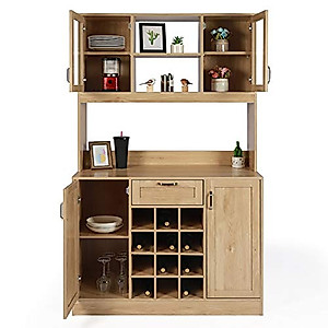 OKL Kitchen Pantry Storage Cabinet, 71" Traditional Freestanding Kitchen Buffet with Hutch with Microwave Countertop & Shelves, Kitchen Cupboard with Glass Doors for Living Room, Dining Room, Brown