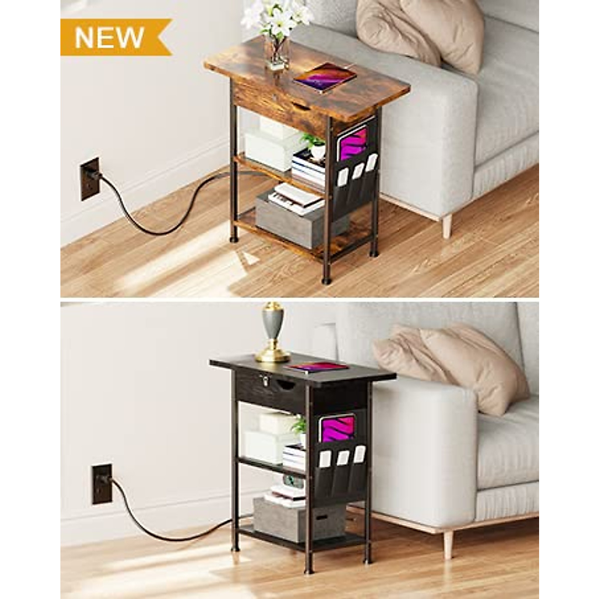 TARKARI Side Table end Table with Charging Station Living Room Narrow end Tables with Storage Bedside Table Flip Top Night Stand USB Ports and outlets Sofa Couch Table for Small Spaces
