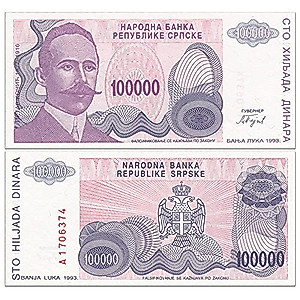 Banknotes Collection-Bosnia 1000 (100,000) Dinar banknotes Foreign Commemorative Coins 1993 P-154 Currency, Not in Circulation or has exited The Market