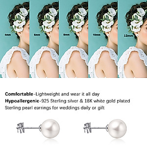 18K White Gold Plated Sterling Silver Post Faux Pearl Stud Earrings for Women, White Pearl Wedding Earrings Hypoallergenic Jewelry (8mm)