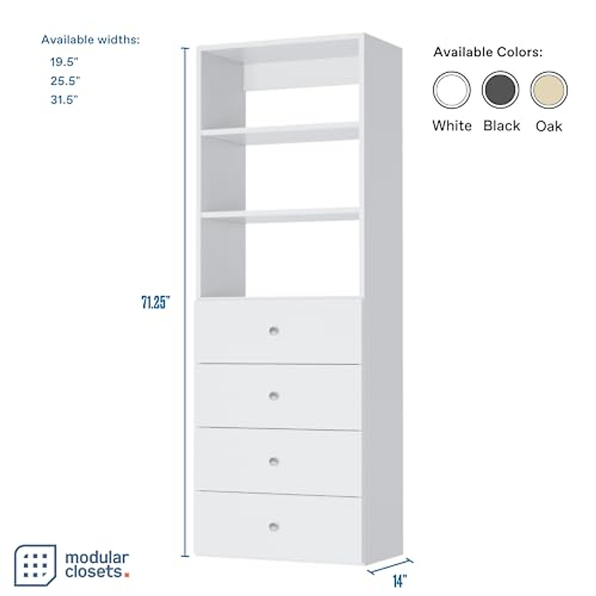 Closet Shelves Tower - Modular Closet System With Drawers (4) - Corner Closet System - Closet Organizers And Storage Shelves (White, 25.5 inches Wide) Closet Shelving