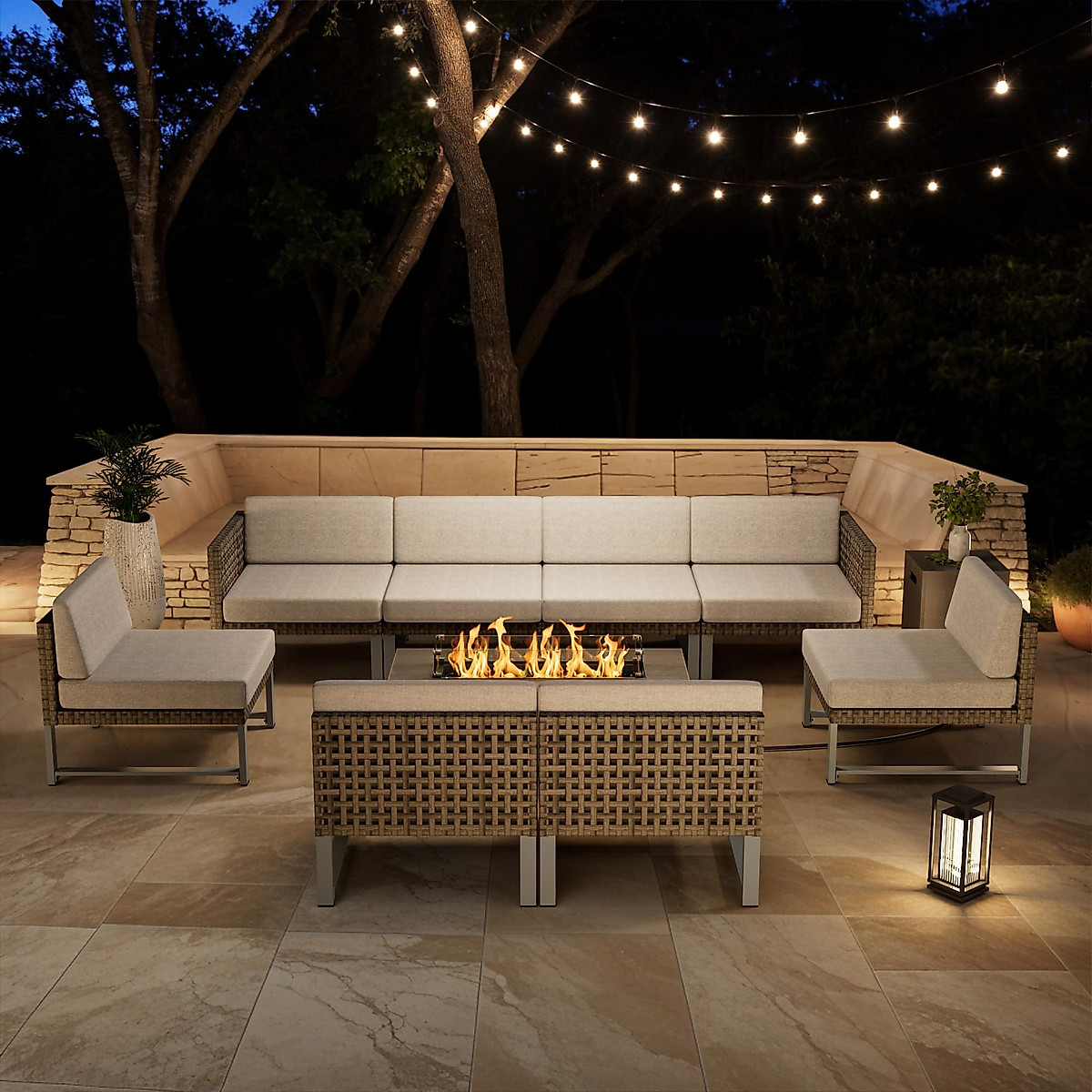 SUNPEAK Patio Furniture Set Outdoor Furniture Sectional Couch Fire Pit Table and Chairs Set with Propane Firepit (Light Brown Wicker, 9 pcs/42‘’ Rectangular Fire Pit)