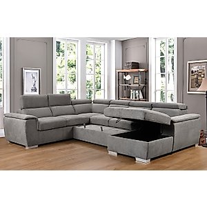 Eafurn 125'' U-Shaped Sectional Sleeper Right Storage Chaise Lounge and Pull Out Bed, 7-Seater Tufted Seat Oversized Sofa & Couches with Adjustable Headrest for Living Room, Light Gray