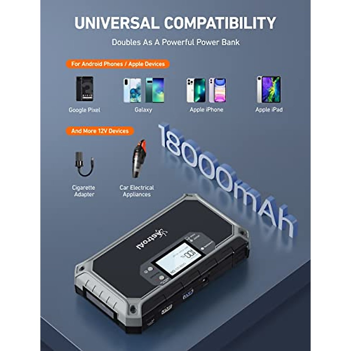 AstroAI Car Jump Starter, 2000A 12V 8-in-1 Battery Jump Starter, Up to 7.0L Gas & 3.0L Diesel Engines, 18000mAh Quick Charge 3.0 Power Bank, Informative LCD Screen with Cigarette adapter, Jumper Cable