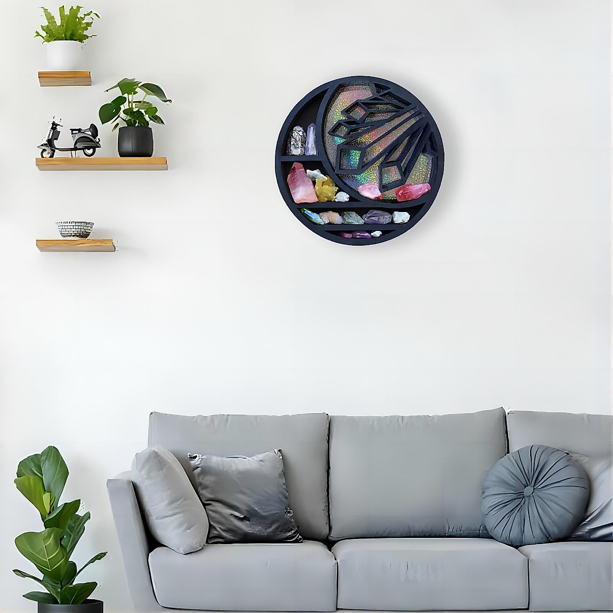 CLKFDCH Wood Crystal Display Shelf, 12 Inch Wooden Crescent Moon Shelf for Crystals Stones, Black Wall Hanging Floating Shelves Home Decor for Essential Oils