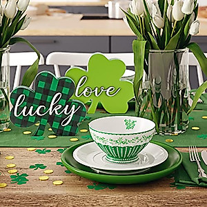 Whaline 4Pcs St. Patrick's Day Table Wood Sign Shamrock 3D Lucky Irish Wooden Sign Buffalo Plaid Clover Freestanding Tabletop Centerpiece for Tiered Tray Desk Office Home Party Decor