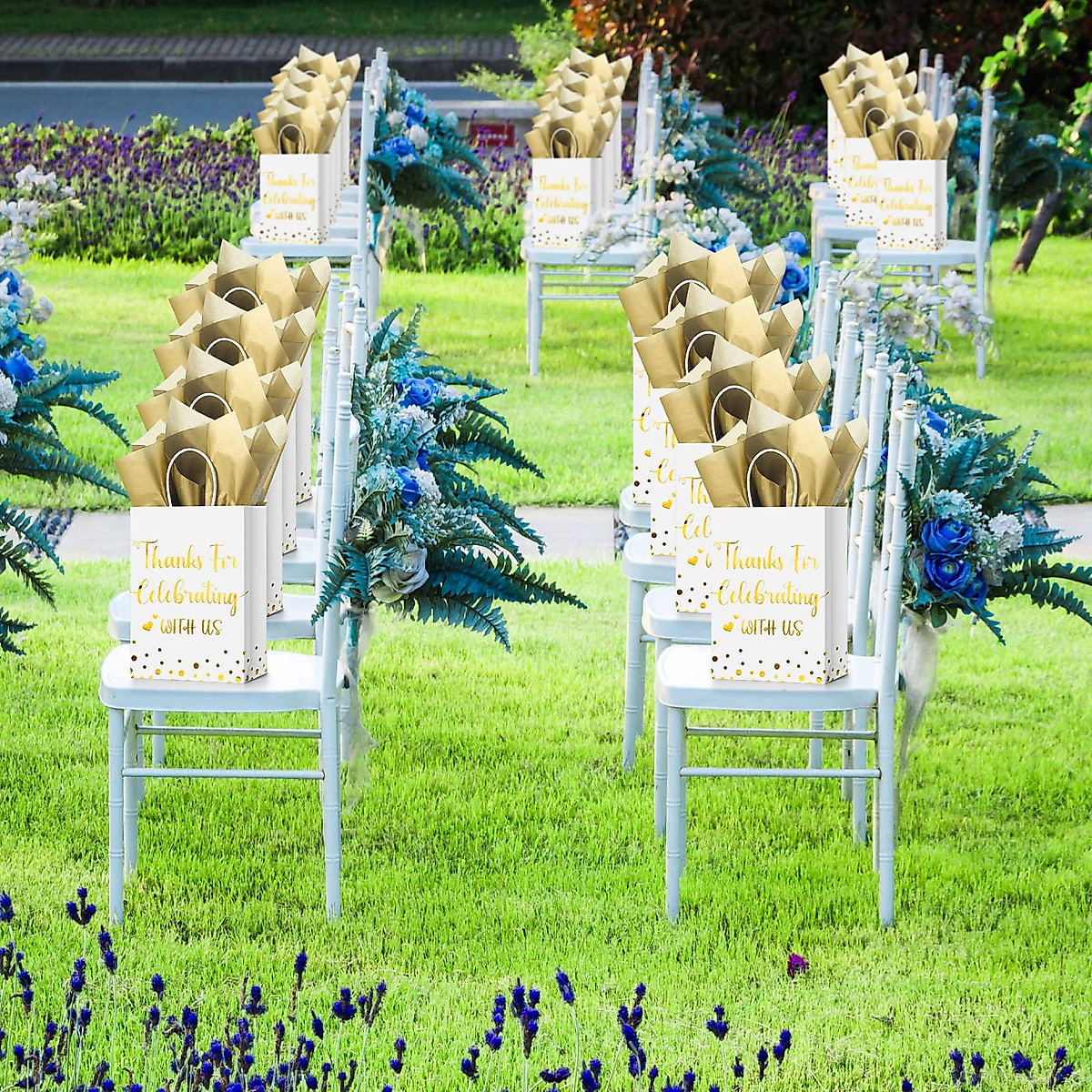 24 Pcs Wedding Gift Bag with Tissue Paper Thanks for Celebrating with Us Paper Bags Gold Wedding Gift Bags with Handle for Hotel Guests Wedding Gift Bag for Bridal Shower Party Favor (White)