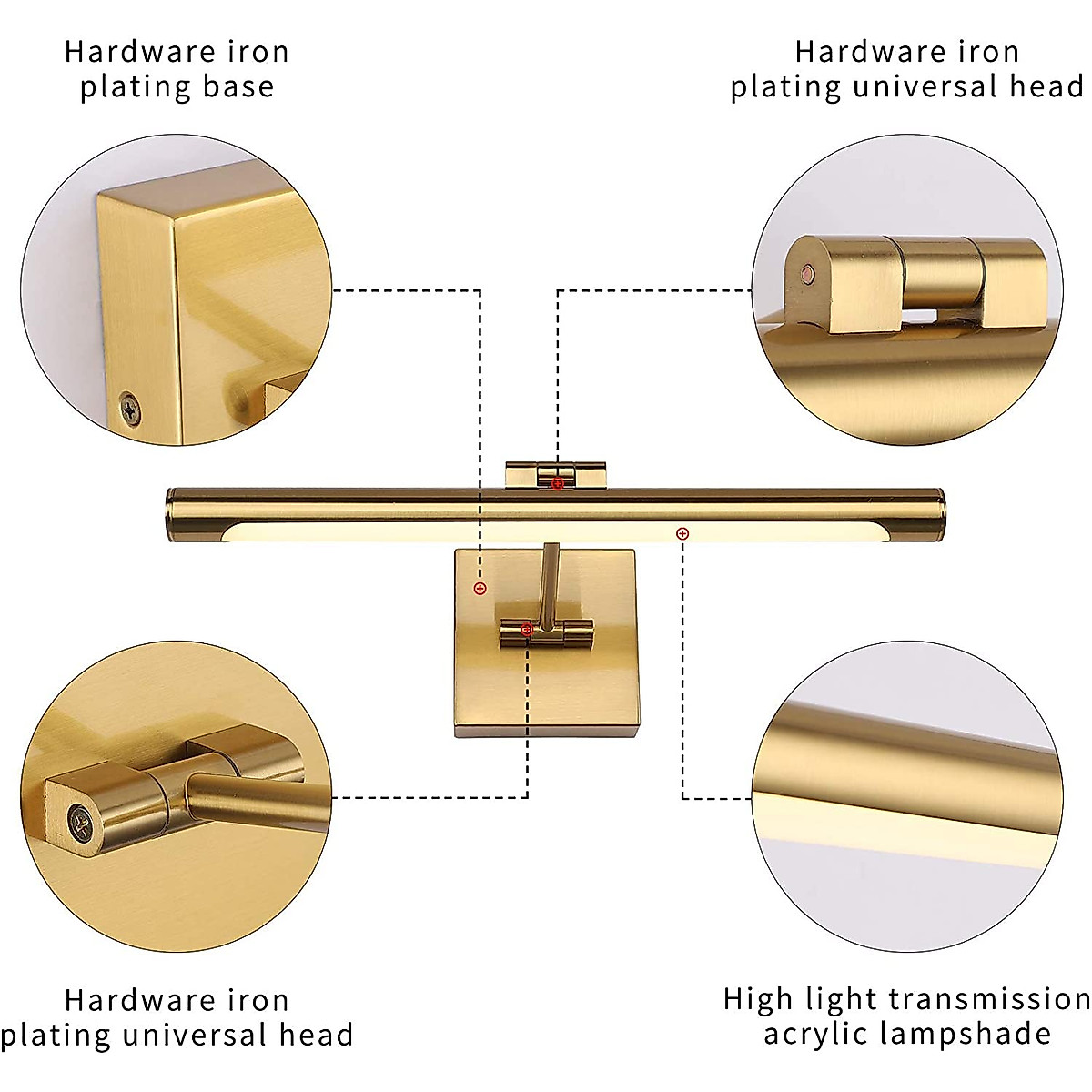 Joosenhouse LED Picture Light Fixtures Dimmable 16.53" Inch Modern Metal Artwork Hallway Lamps with Single Swing Arm, 7W (50W Eqv.), Hardwired Connection, Warm White, CRI80+, Golden-Like Brass Finish