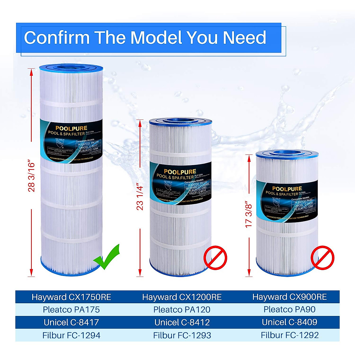 POOLPURE PLF175A Pool Filter Replaces Hayward C1750, CX1750RE, PA175, Ultral-B4, Unicel C-8417, Filbur FC-1294, Sta-Rite PXC175, 817-0175P, L x OD: 28 3/16" x8 15/16", 175 sq.ft Cartridge