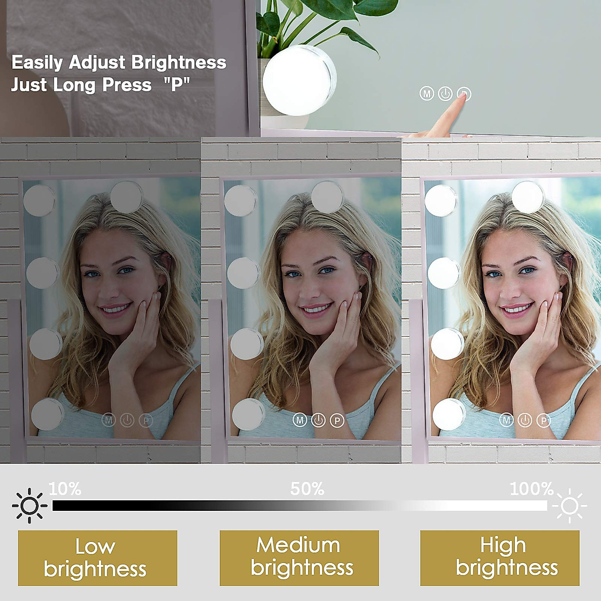 BWLLNI Lighted Makeup Mirror Hollywood Mirror Vanity Mirror with Lights, Touch Control Design 3 Colors Dimable LED Bulbs, Detachable 10X Magnification, 360°Rotation, (White) 12" L x 14" W