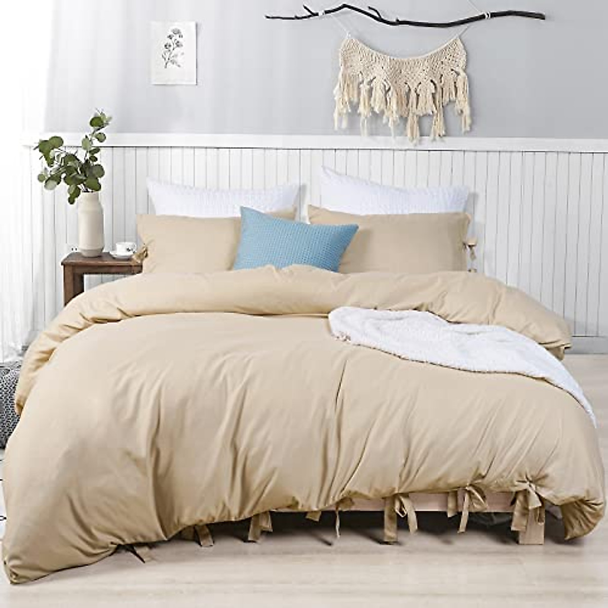 PHF Khaki Duvet Cover Queen Size, Comfy Lightweight Skin-Friendly Comforter Cover Set with Bowknot Bow Ties, Soft Durable Bedding Collection with 2 Pillowcases for All Season, 90" x 90"