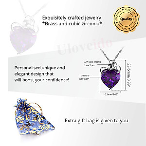 Uloveido Womens Purple Crystal Heart Pendant Necklace for Girls Women White Gold Plated Fashion Heart Jewelry for Mom Grandma Girlfriend N437