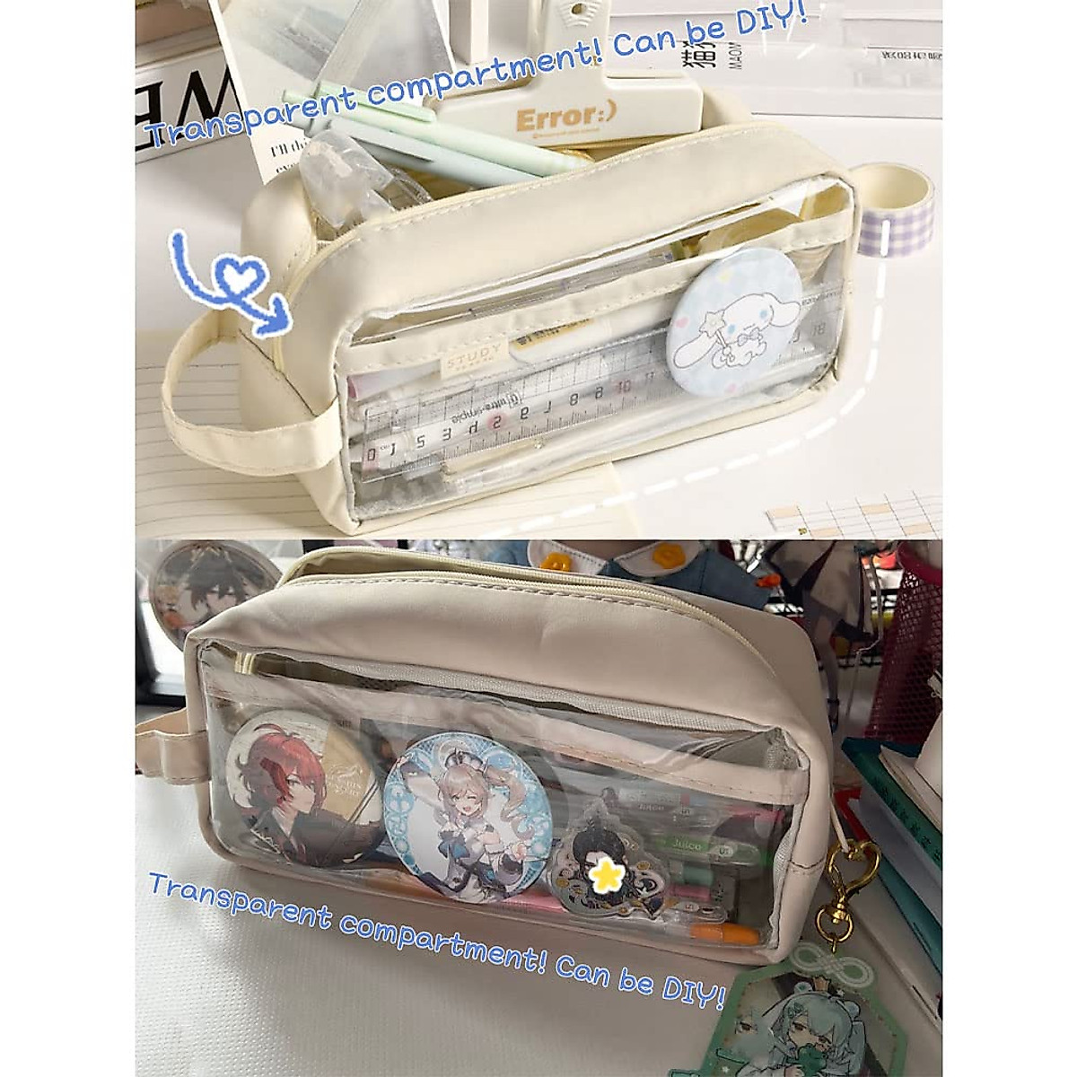Clear Pencil Pouch Aesthetic School Supplies Large Cute Pencil Case for Girls Preppy Pencil Case Aesthetic (Beige,with Clip & Sticky Note)