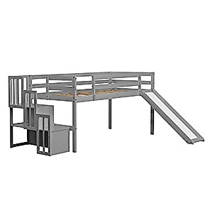 MOEO Twin Size Loft Bed with Slide and Stairs, Wood Bedframe Bedroom Guest Room Furniture,Safety Rail & Storage Shelves for Kids Teens Girls Boys, No Box Spring Needed, Gray