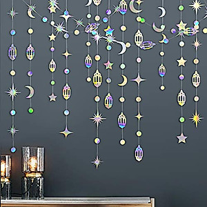 Iridescent Eid Mubarak Ramadan Decorations Hanging Rainbow Star Moon Circle Dot Crescent Lamp Garland Streamer Banner Backdrop Decorations for Happy Ramadan Muslim Islam Birthday Wedding Party